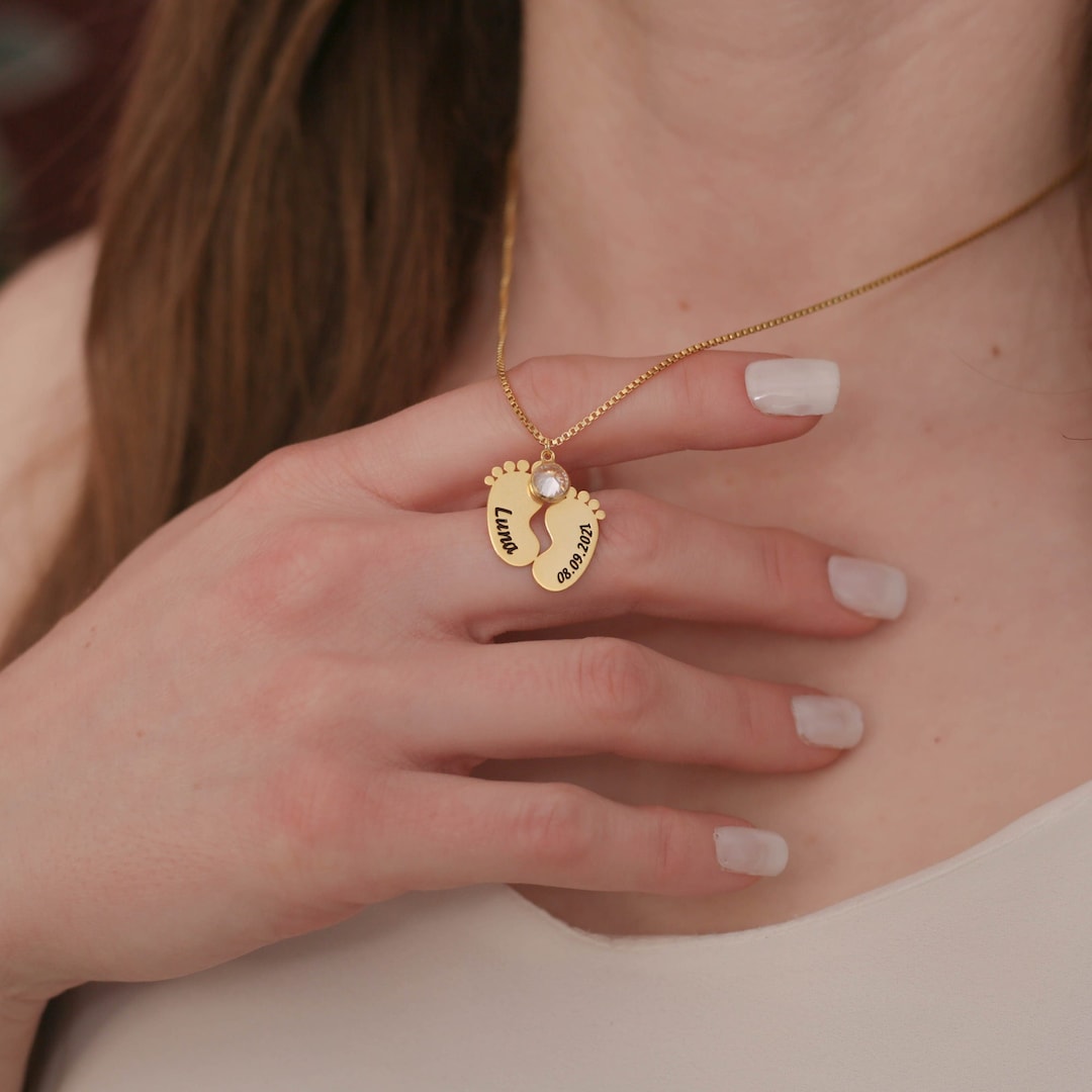 Sterling Silver Engraved Baby Feet Necklace With Personalized ...