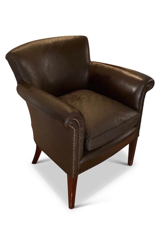 Art Deco Brown Leather Polished Tub Chair With Brass Stud Detailing on Wooden Supports Etsy