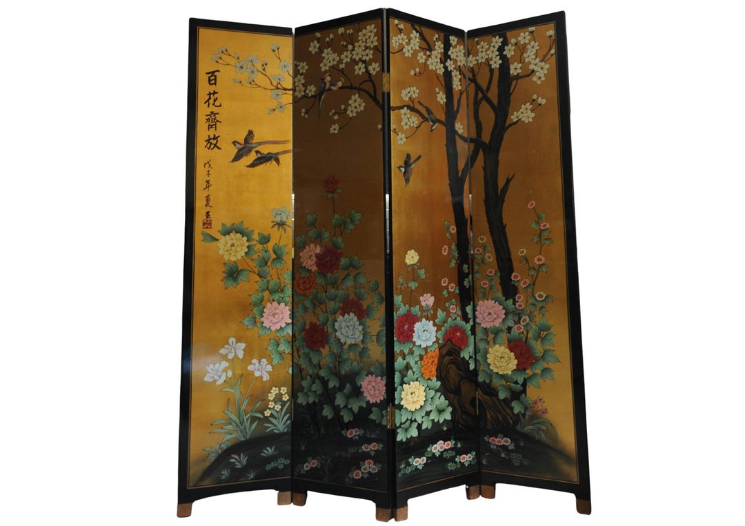 Lacquer De Chine Floral Room Divider: Two-sided Decorative Screen With ...