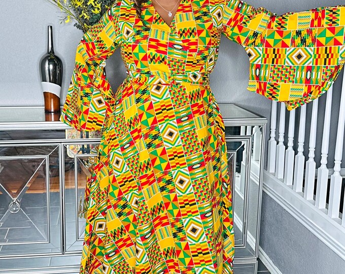 African Print Wrap Dress With Bell Sleeves - Etsy
