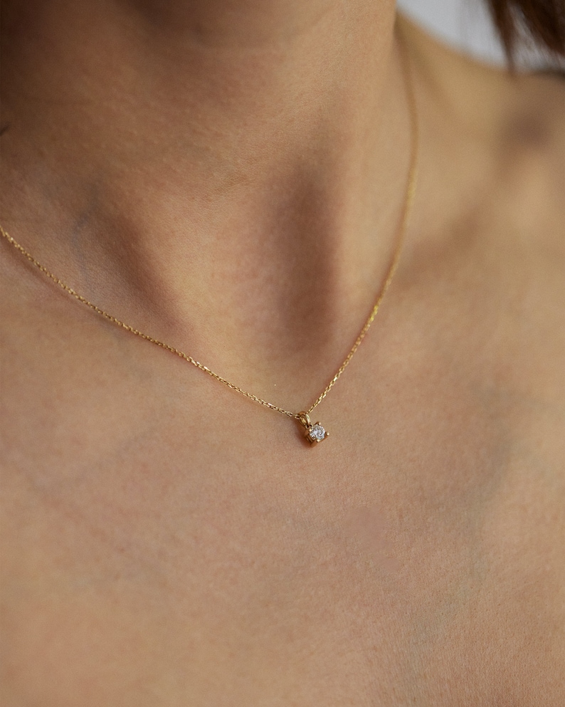 14K Solid Gold Dainty Diamond Necklace. Minimalist Diamond - Etsy