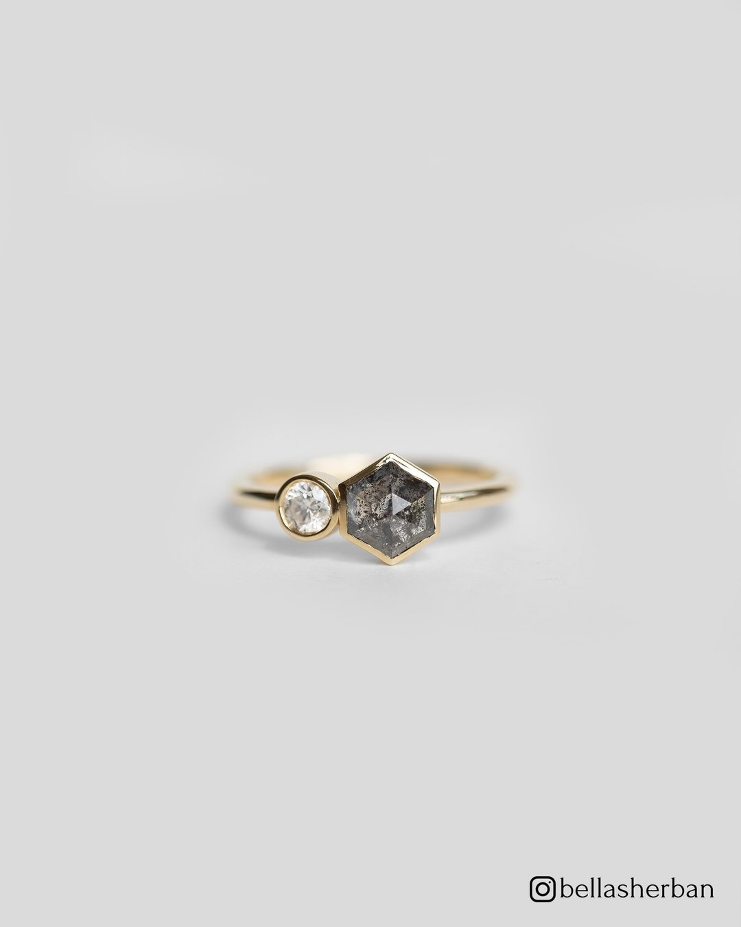 14K Gold Toi Et Moi Salt and Pepper Diamond Ring. Unique Diamond Ring. Statement Salt and Pepper ...