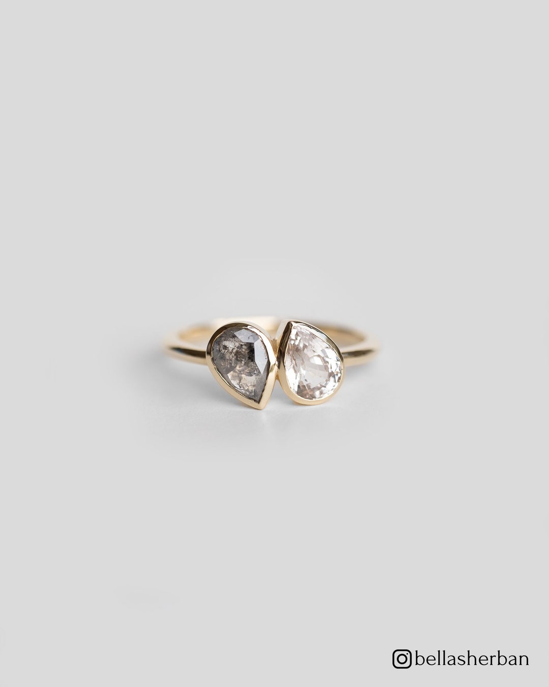 14K Gold Toi Et Moi Salt and Pepper Diamond Ring. Unique Diamond Ring ...