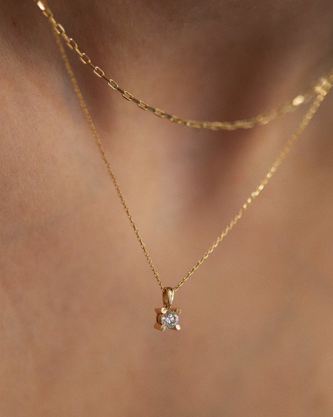 14K Gold Dainty Diamond Necklace. Diamond Solitaire Pendant. Minimalist ...