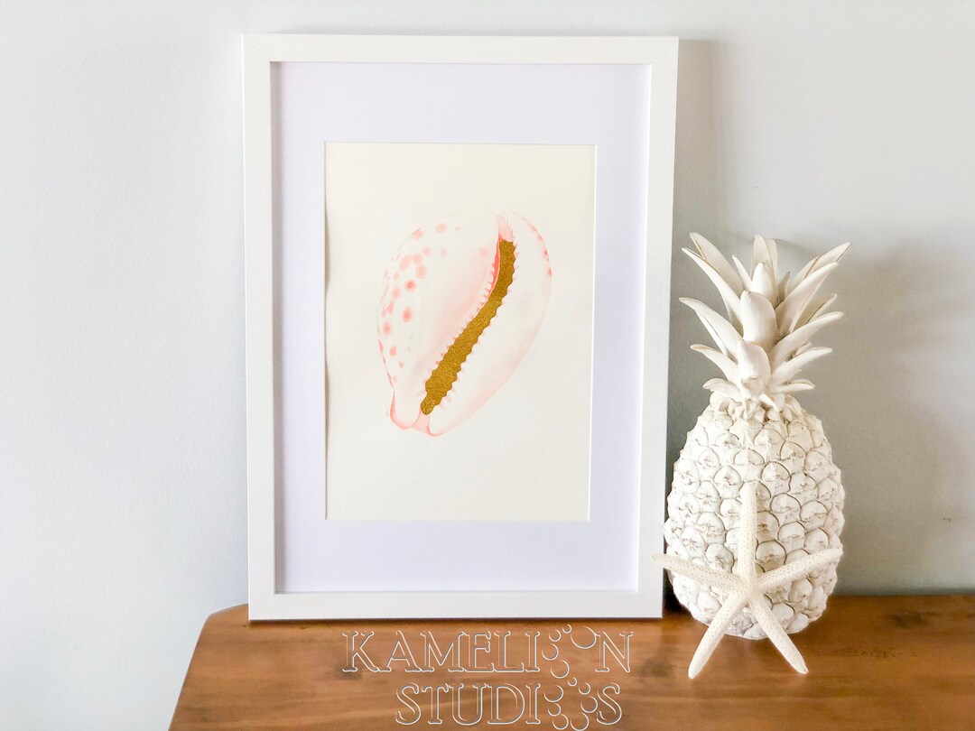 Tiger Cowrie Shell Watercolor Painting With Gold Foil - Coastal Wall ...