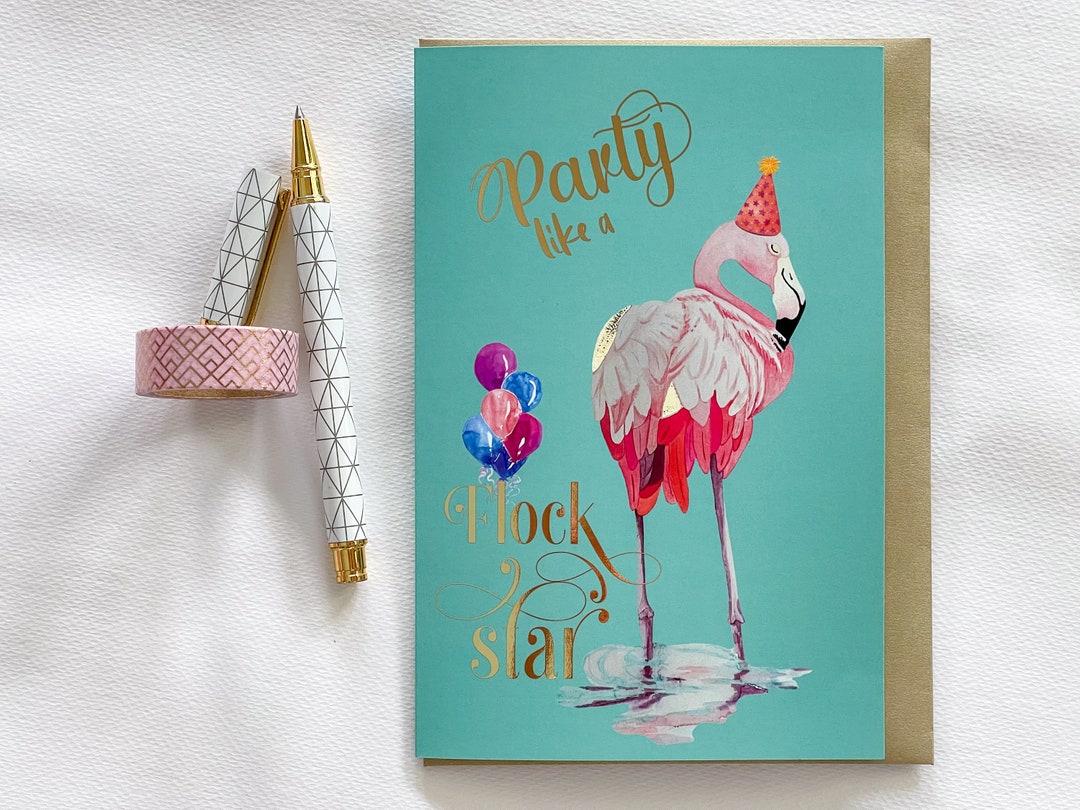 Party Like a Flock Star Flamingo Birthday Card for Her With Gold Foil ...