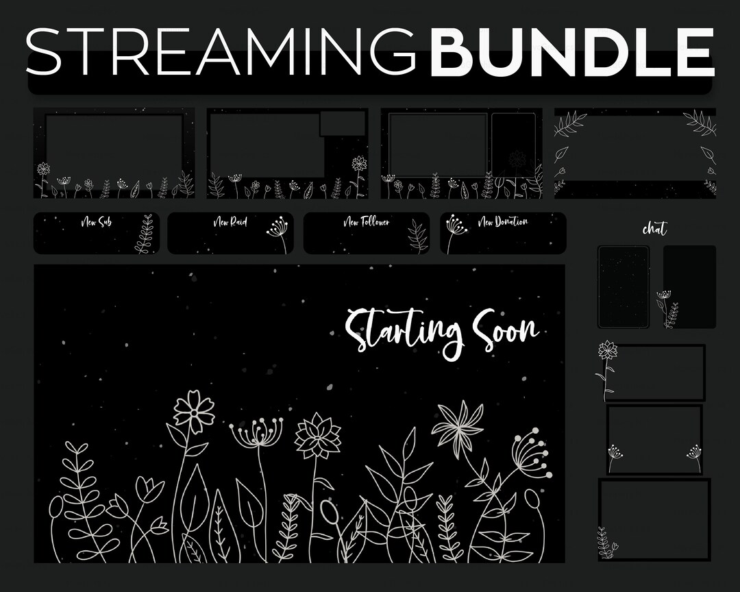 Black and White Plants Stream Twitch Overlay | Premade Simple Overlay Set for Twitch OBS or ...