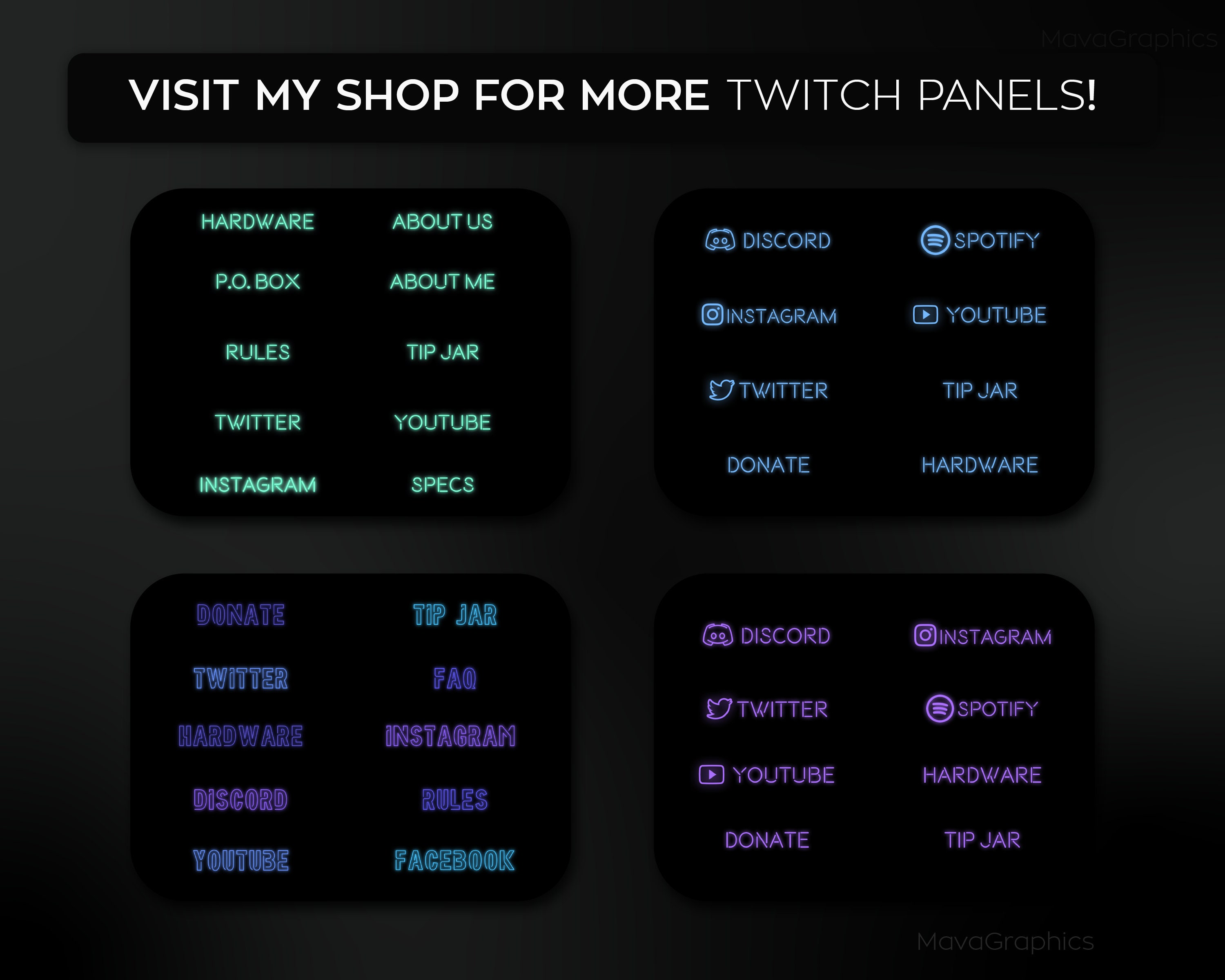 Neon Twitch Panels Streaming With Icons | Custom Twitch PNG Panels Set ...