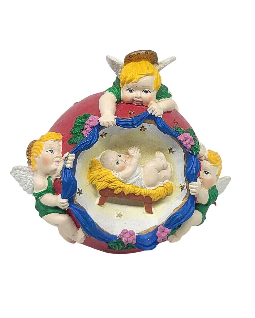 Vintage Beautiful Angels Watching Over Baby Jesus in Manger Christmas ...