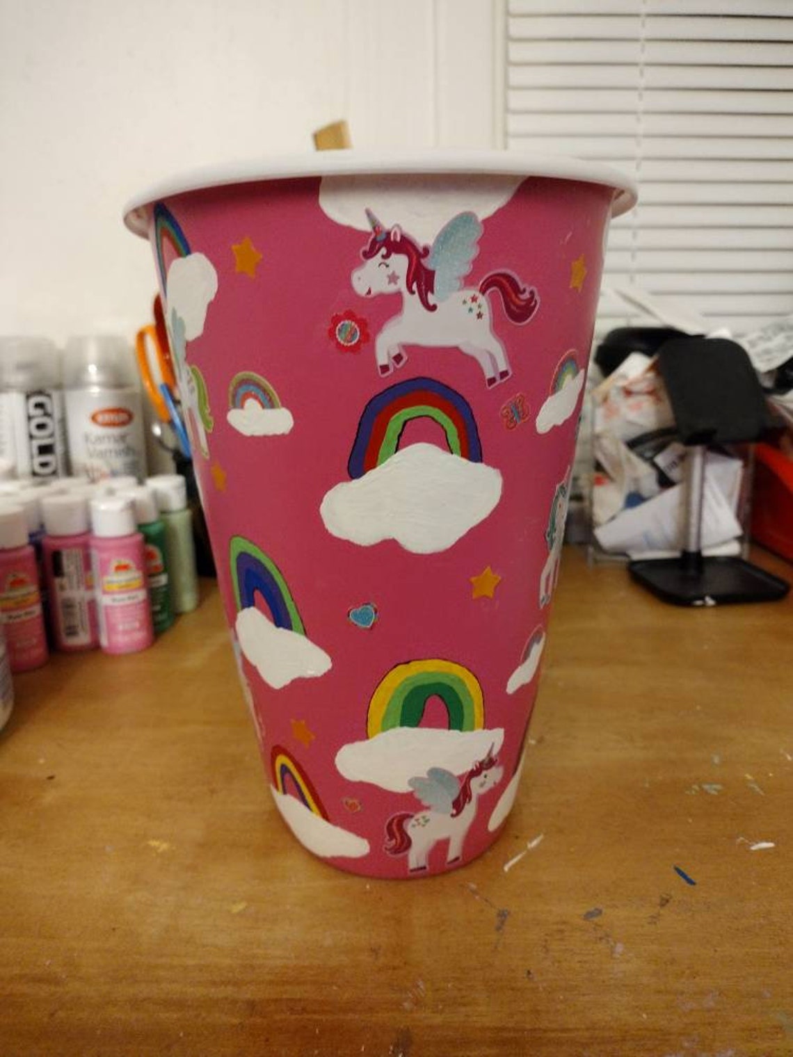 1.5 Gallon Pink Unicorn, Clouds, Stars & Rainbow Trash Can for Girls ...