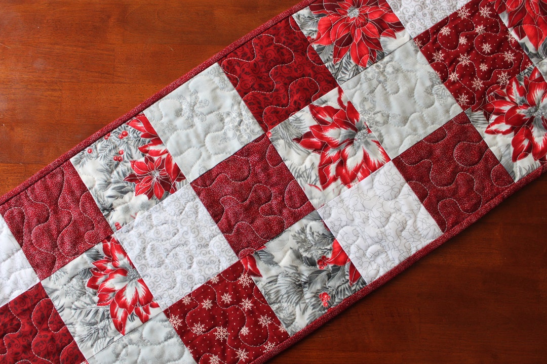 Poinsettia Table Runner, Red Christmas Table Runner, Snowflake Table ...