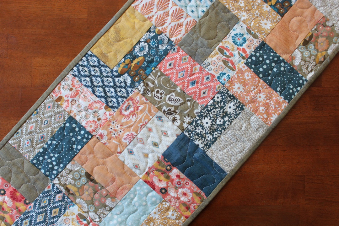 Blue Table Runner, Peach Table Runner, Quilted Blue Brown Table Runner ...