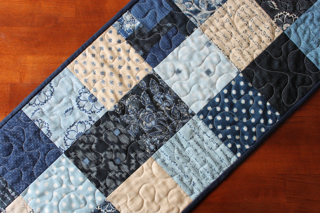 Navy Blue Table Runner, Blue Quilted Table Runner, Yukata, Navy Blue ...