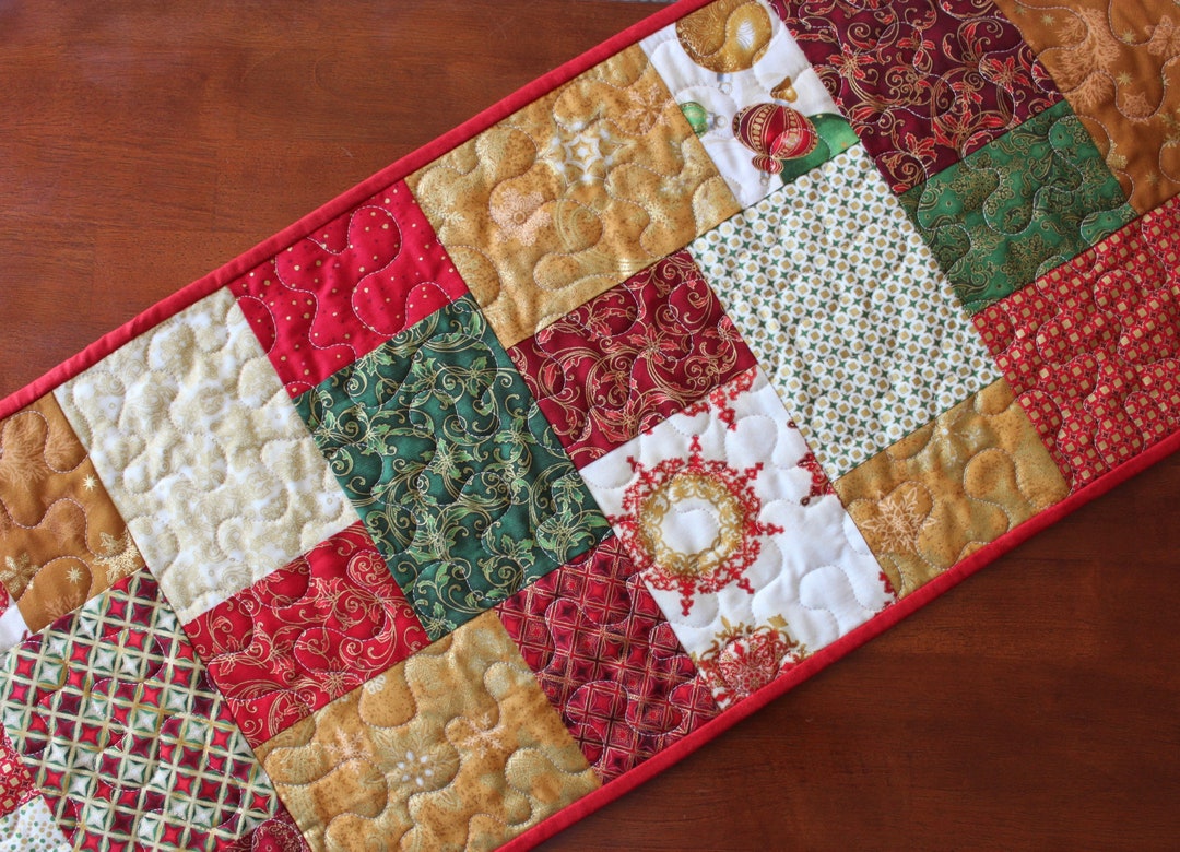 Gold Quilted Christmas Table Runner, Winter's Grandeur, Red Green ...
