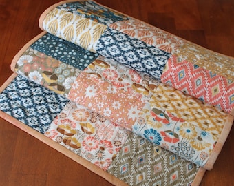 Blue Table Runner, Peach Table Runner, Quilted Blue Brown Table Runner ...
