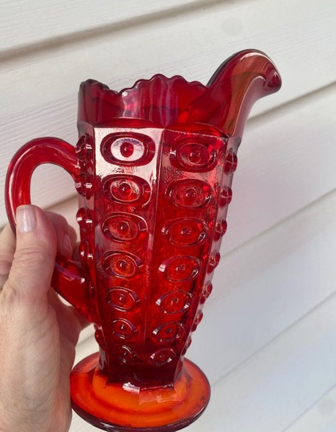 Vintage Red Viking Pitcher, Bulls Eye, Glows, MCM, Collectible Glass ...
