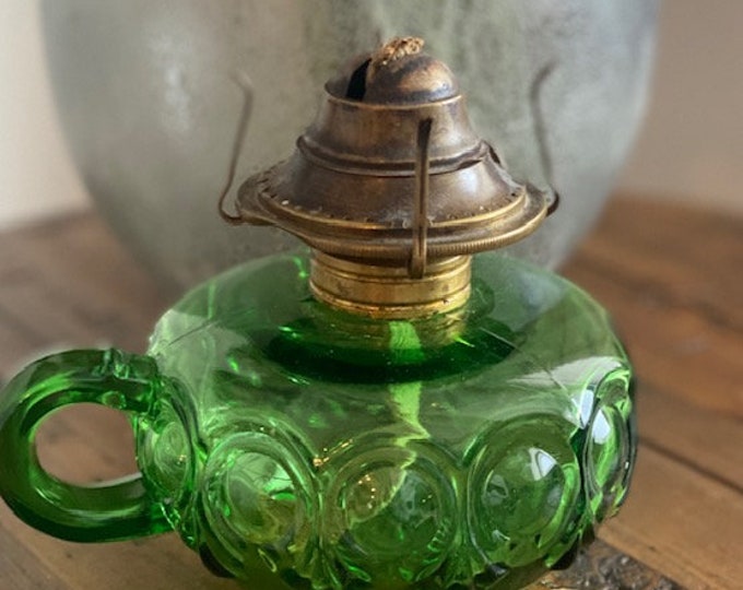 Vintage Green Glass Oil Lamp Antique Coin Design Older Style Beautiful Collectible Etsy