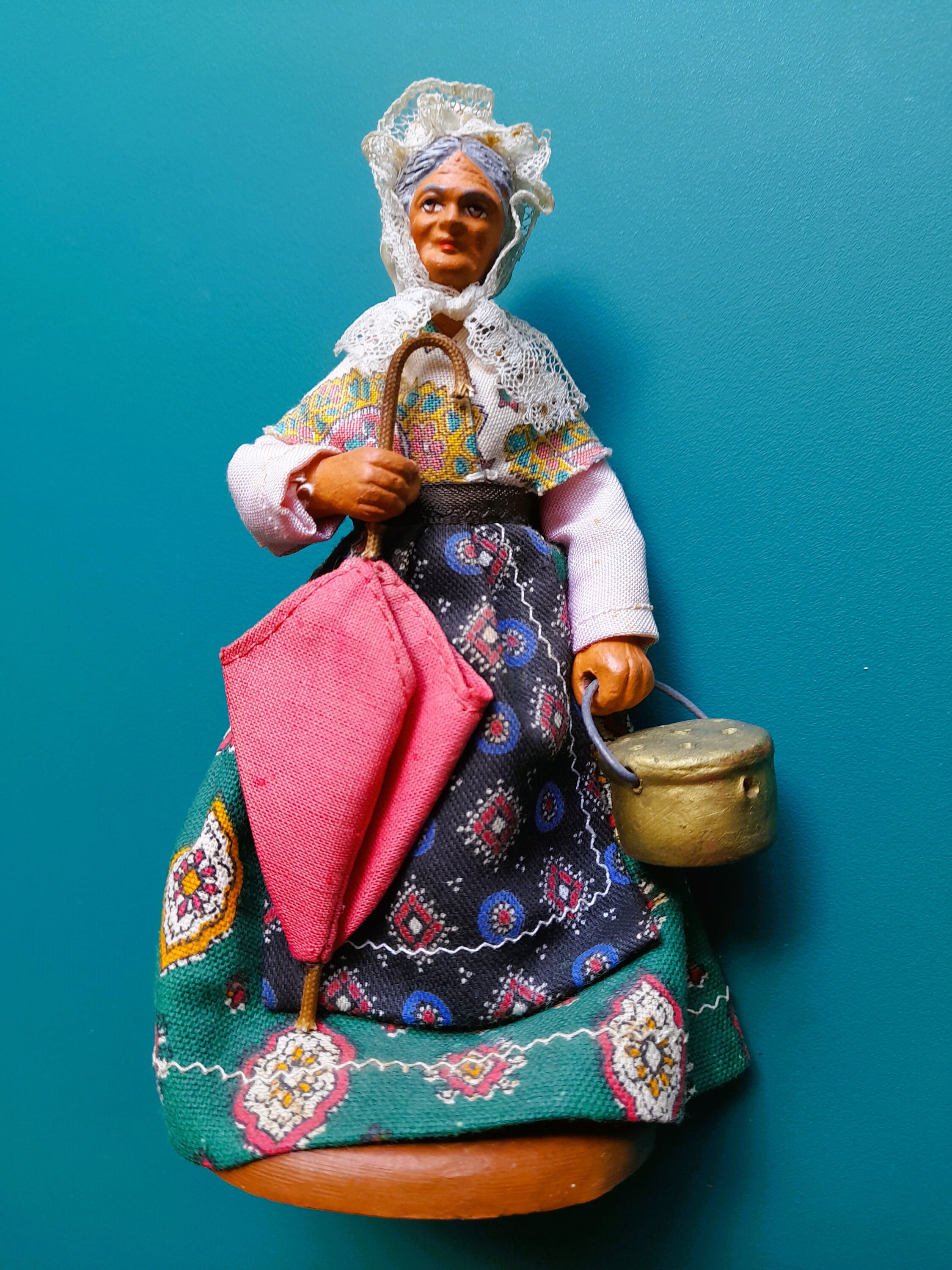 Santon French Vintage Old Lady Carrying Red Umbrella and Portable Coal ...