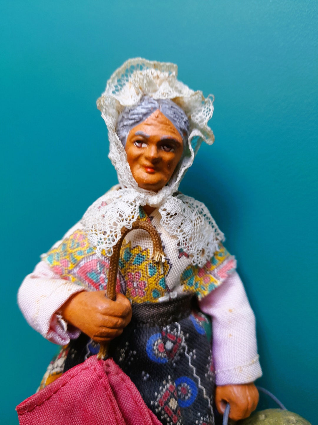Santon French Vintage Old Lady Carrying Red Umbrella and Portable Coal ...
