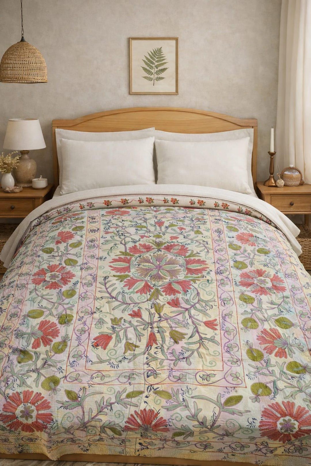 Suzani Vintage Kantha Quilt Hand Embroidered Bedspred , Bohemian Cotton ...