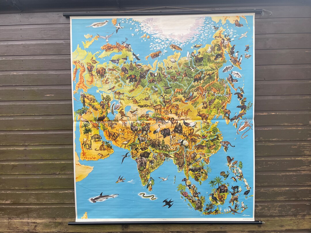 Large Vintage MAP of ASIA School Chart ZOOLOGY Pictorial Linen Poster ...