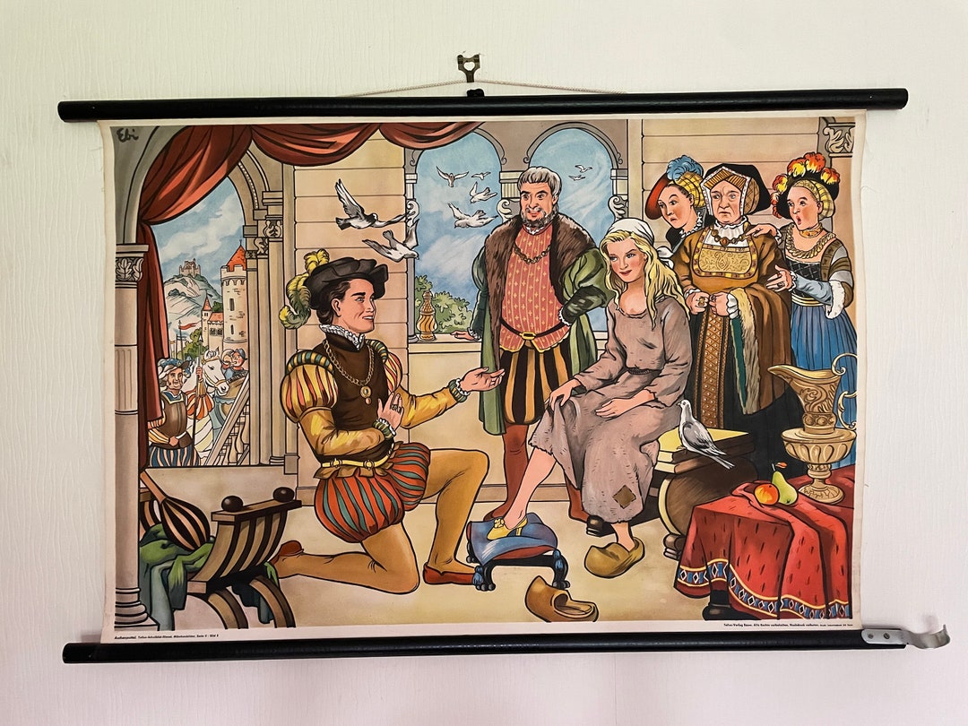 Vintage CINDERELLA FAIRYTALE School Chart Wall Hanging Linen Backed ...