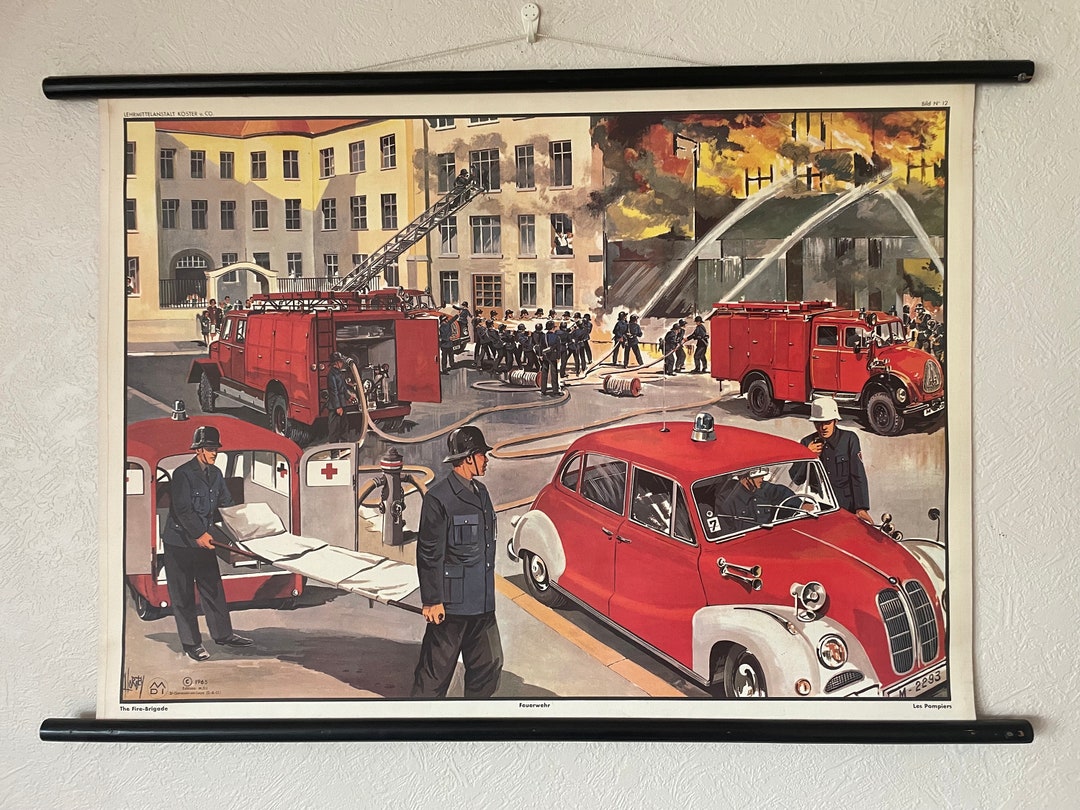 Vintage FIRE BRIGADE School Chart Educational Wall Chart 1965 FIREMEN ...