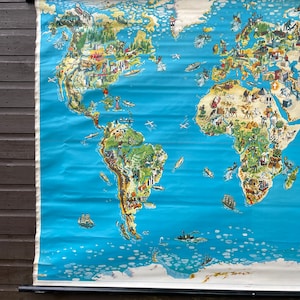 Large Rare Vintage MAP of the WORLD School Chart TRADE Pictorial Linen ...