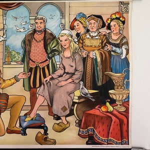 Vintage CINDERELLA FAIRYTALE School Chart Wall Hanging Linen Backed ...