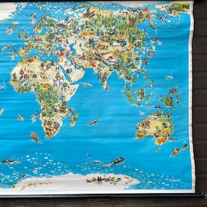 Large Rare Vintage MAP of the WORLD School Chart TRADE Pictorial Linen ...