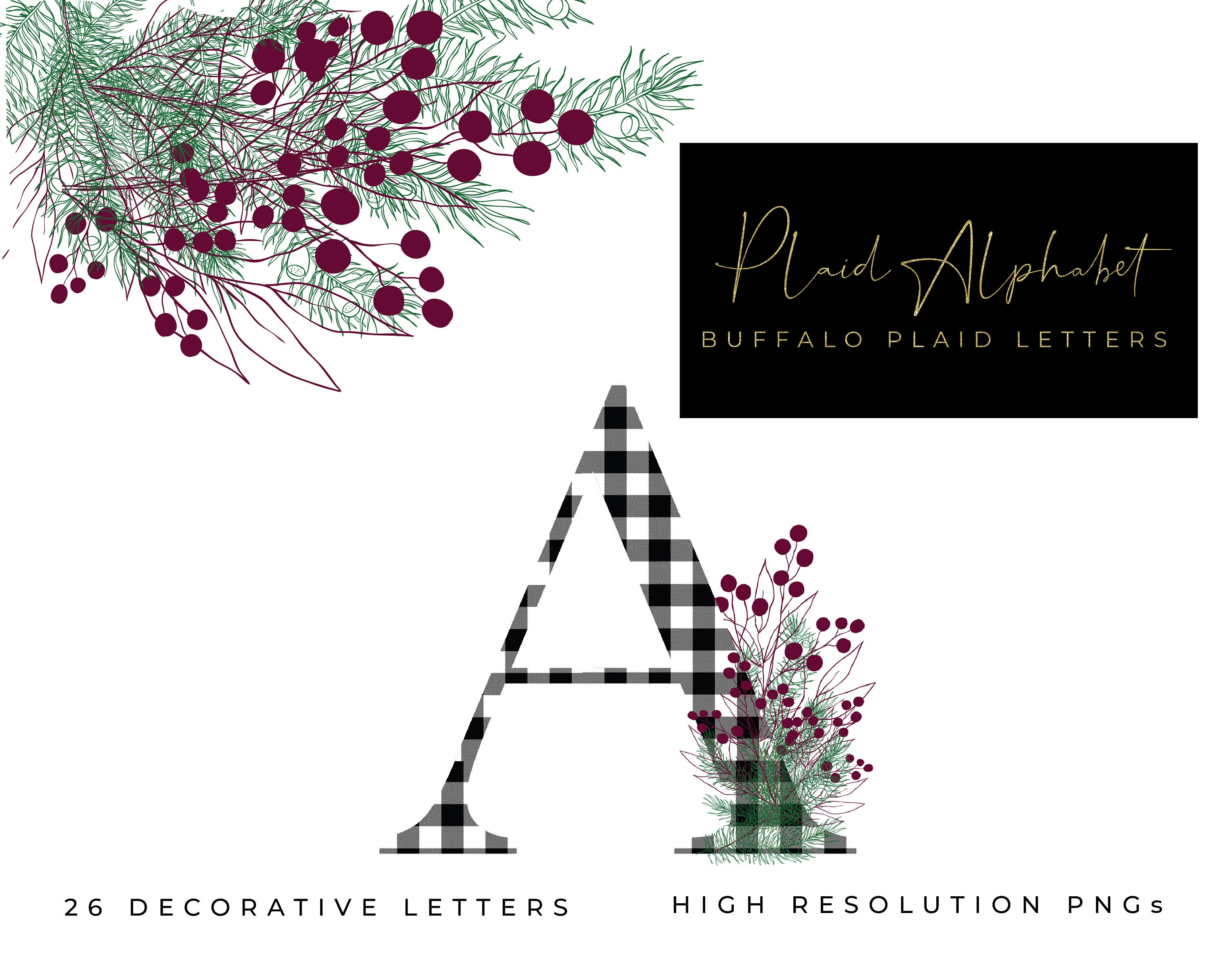 Plaid Alphabet Letters/ Monogram/ Christmas Letters/ Mistletoe Clipart ...