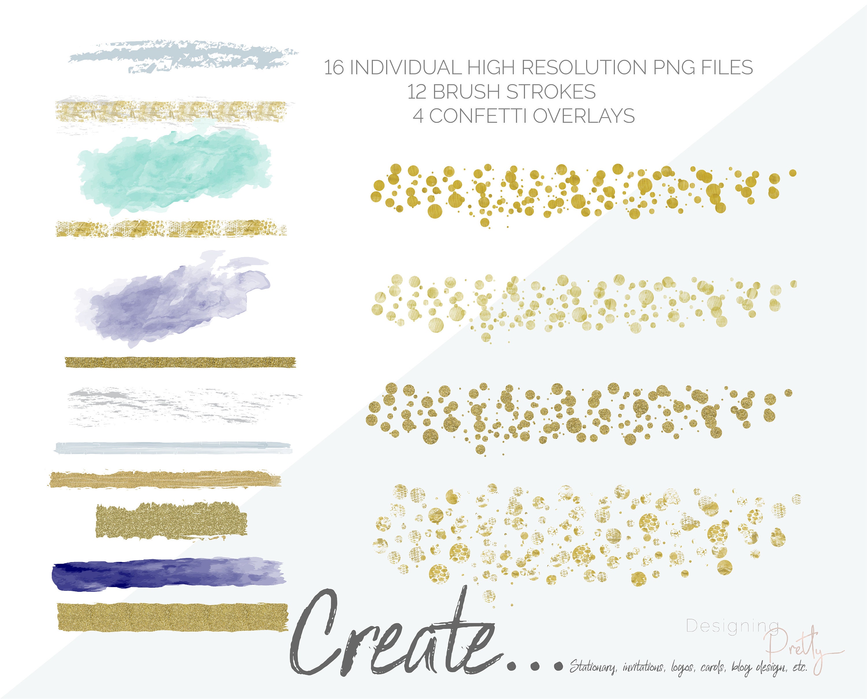 Watercolor and Gold Clipart, Gold Brush Strokes, Watercolor Brush ...