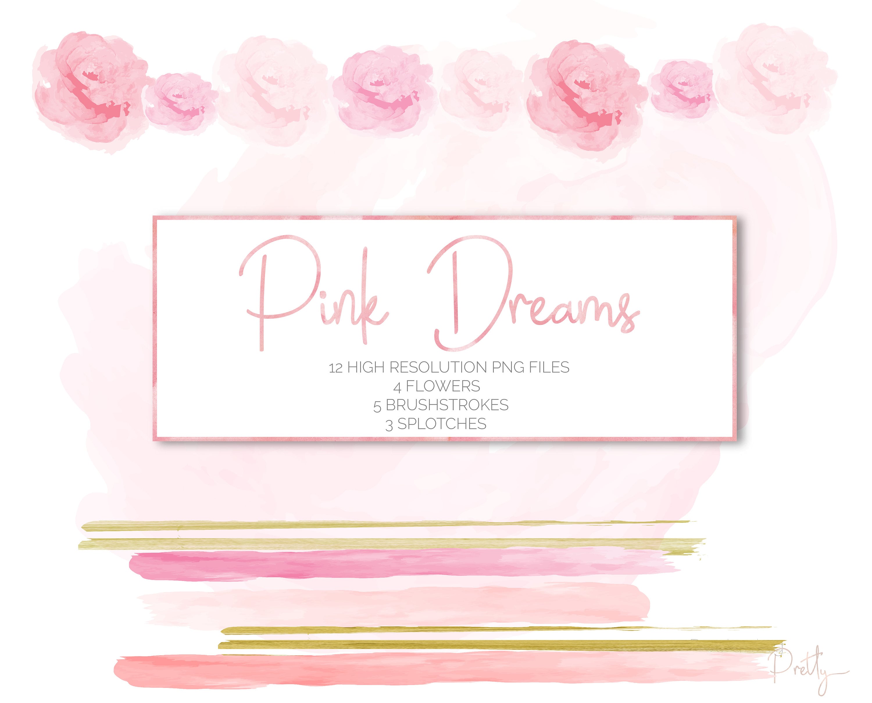 Watercolor Clipart, Pink Flowers, Gold Brushstrokes, Watercolor Flowers ...