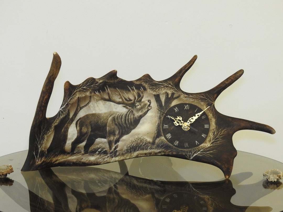 Real Standing Antler Carving With Clock Shows Deer - Etsy