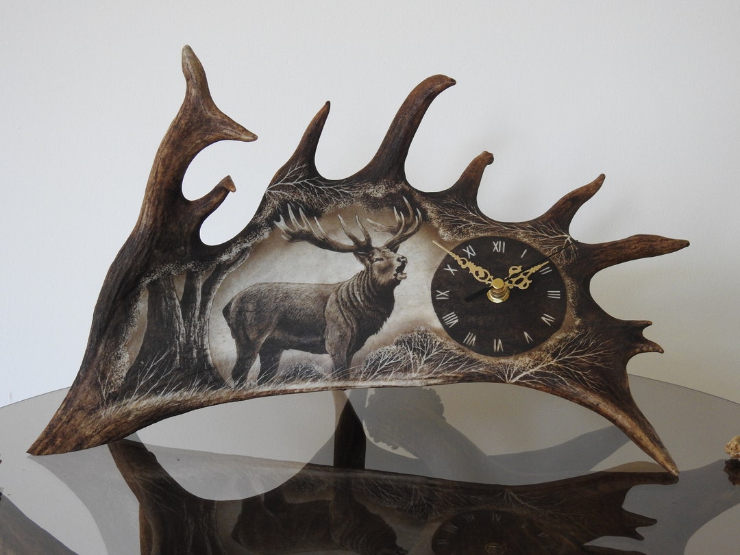Real Standing Antler Carving With Clock Shows Deer - Etsy