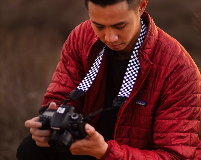 The 80's American Checkers Camera Strap Checkered Steel & Light Grey - Etsy