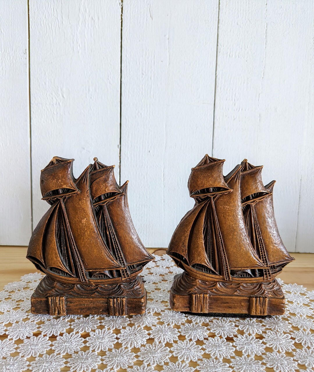 Vintage Bookends Wooden Ship, Syroco Syracuse NY - Etsy