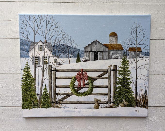 Original Acrylic Winter Farm Painting, Winter Painting, Christmas ...