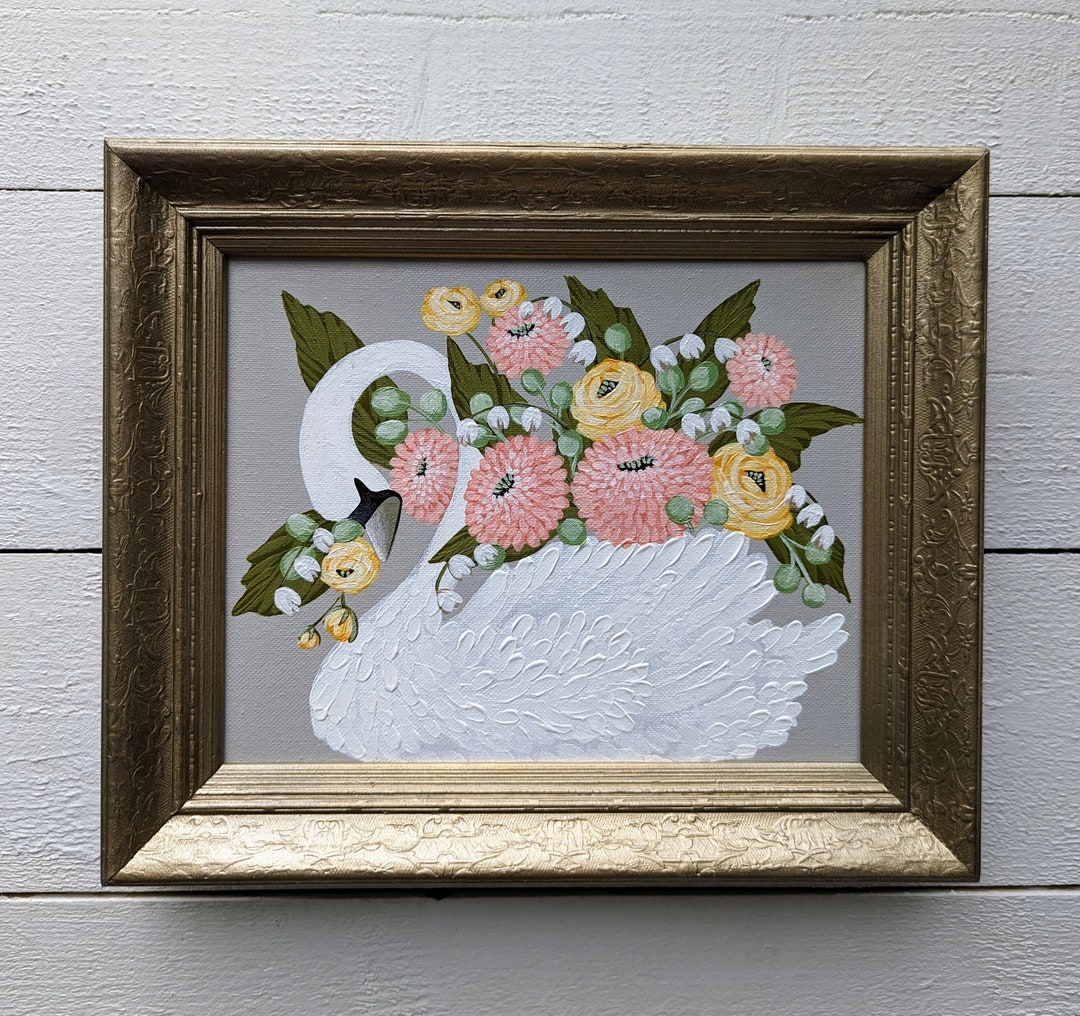 Original Acrylic Swan Painting, Swan With Flowers, Framed Painting ...