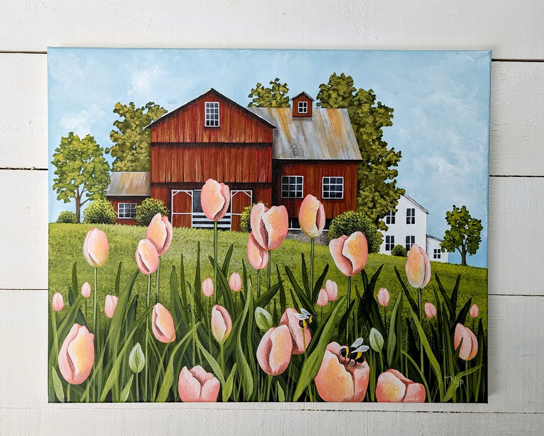 Original Painting, Acrylic, Barn Painting, Spring Painting, Tulips and ...