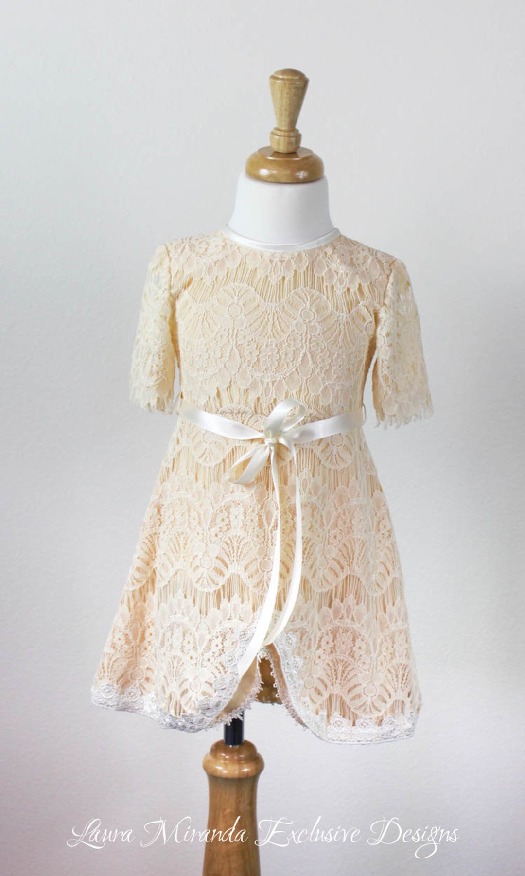 Beige Flower Girl Dress, Birthday Girl Dress, Baby Lace Dress, Cute ...