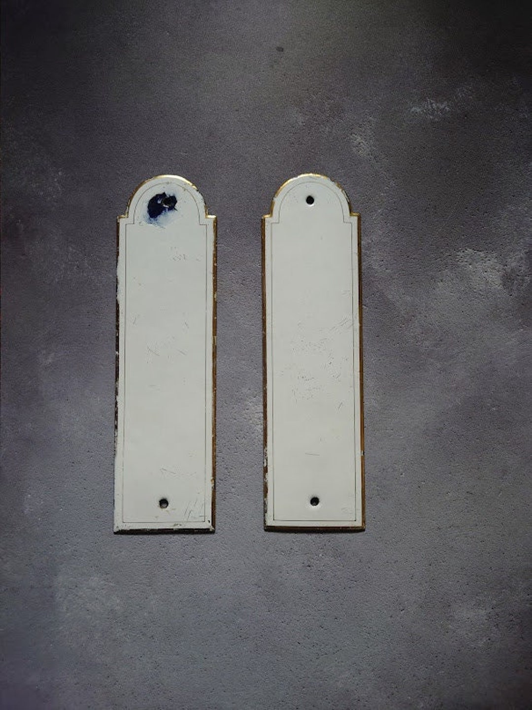2 Salvaged Enamel Covered Steel Finger Plates, 1 Pair Vintage Enamel ...