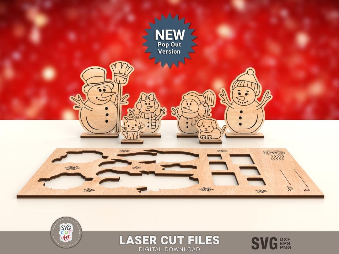 Snowman Family With Pets Laser Cut SVG, Pop Out Svg, Snowman Card Stand ...