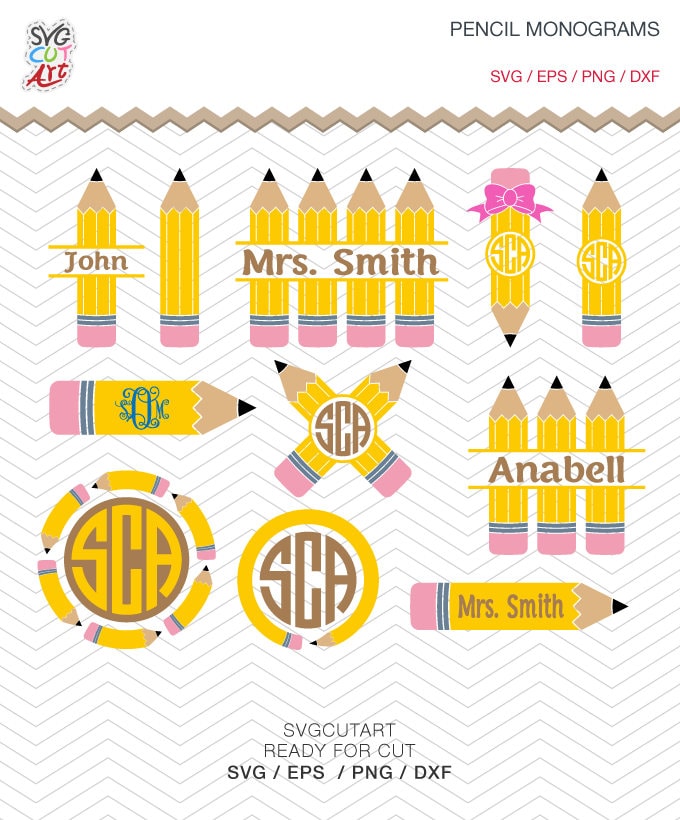 Pencil School Monograms SVG DXF PNG eps Teacher back to school | Etsy