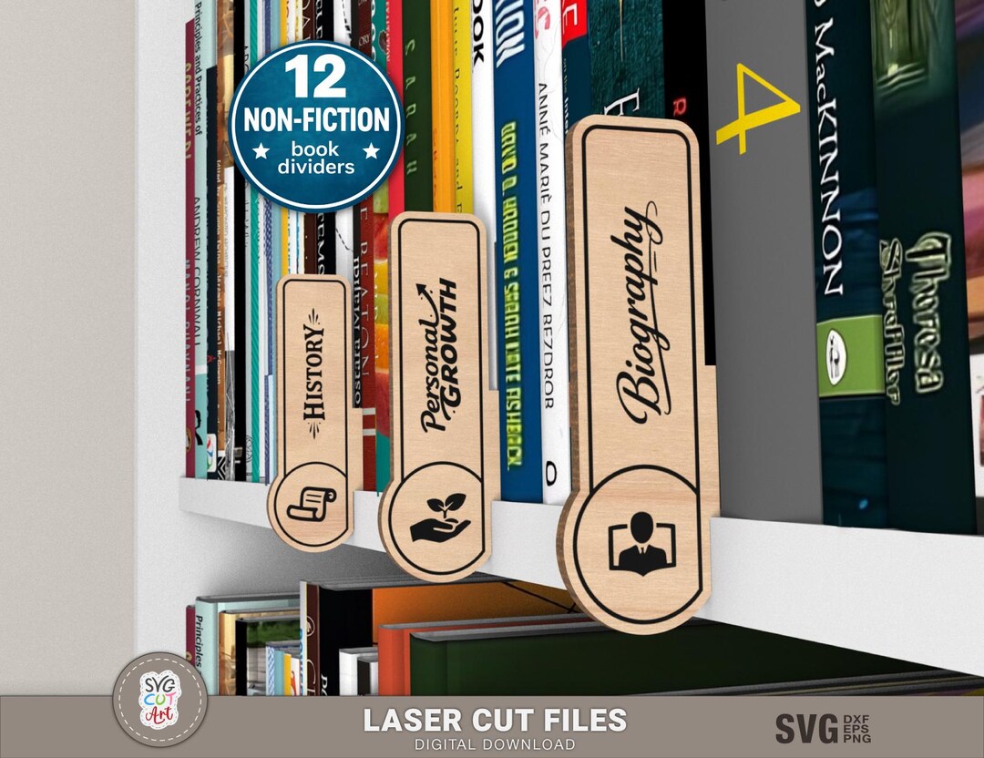 Bookshelf Dividers Non-fiction Genre – 12 Laser Cut SVG Files, Library ...