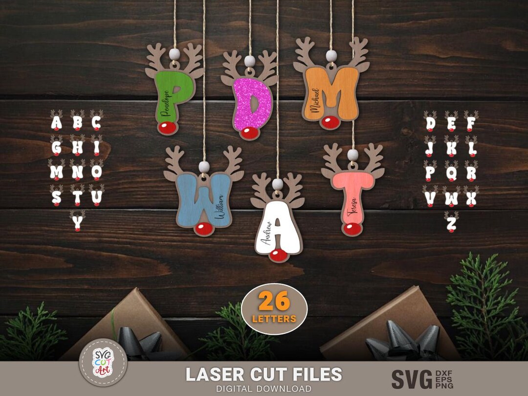Reindeer Monogram Ornament Laser SVG, Christmas Deer Initial Tag SVG ...
