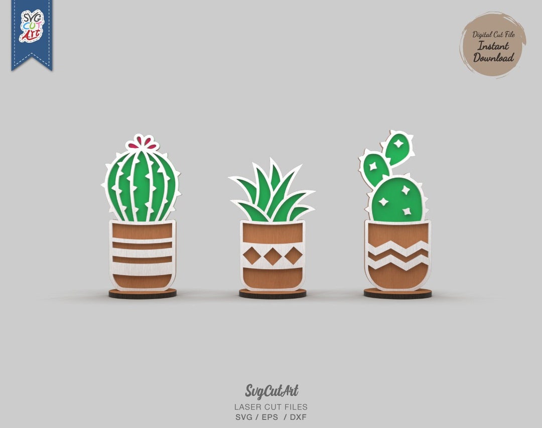 Cactus Plant Pot Stand Laser Cut Files SVG Set1 Succulent SVG Plants ...