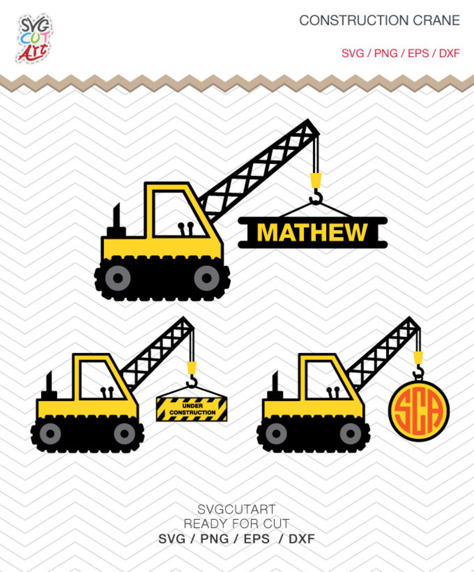 Construction Crane Monogram Tractor Kid SVG DXF PNG Eps Digger | Etsy