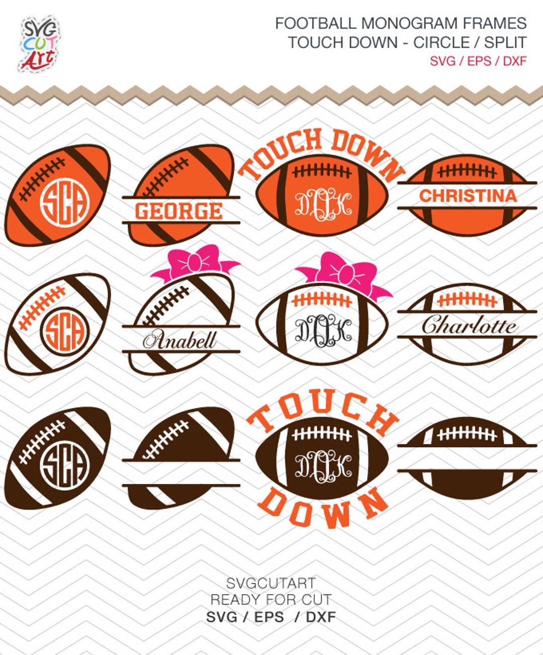 Football Balls Monogram Split Frame DXF SVG EPS Rugby Bow - Etsy