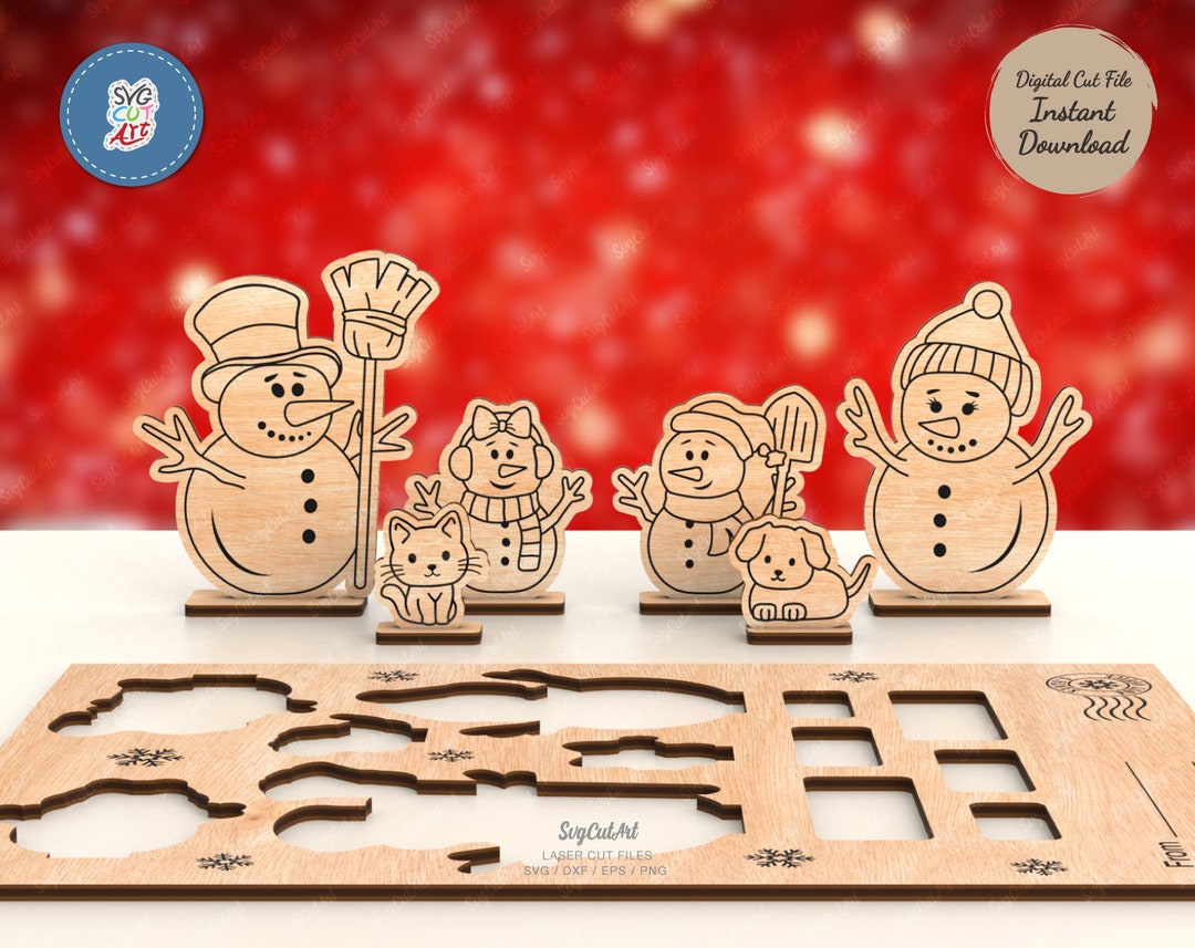 Snowman Family With Pets Laser Cut SVG, Snowman Card Stand Svg ...
